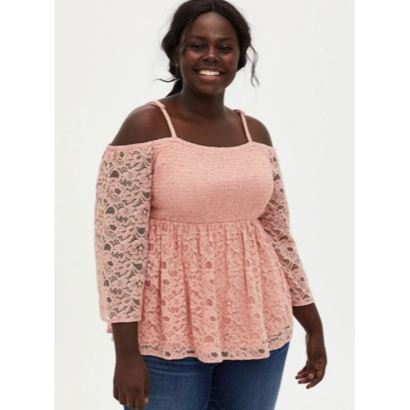 torrid | Tops | Torrid Peach X Peach Lace Woven Smocked Cold Shou ...
